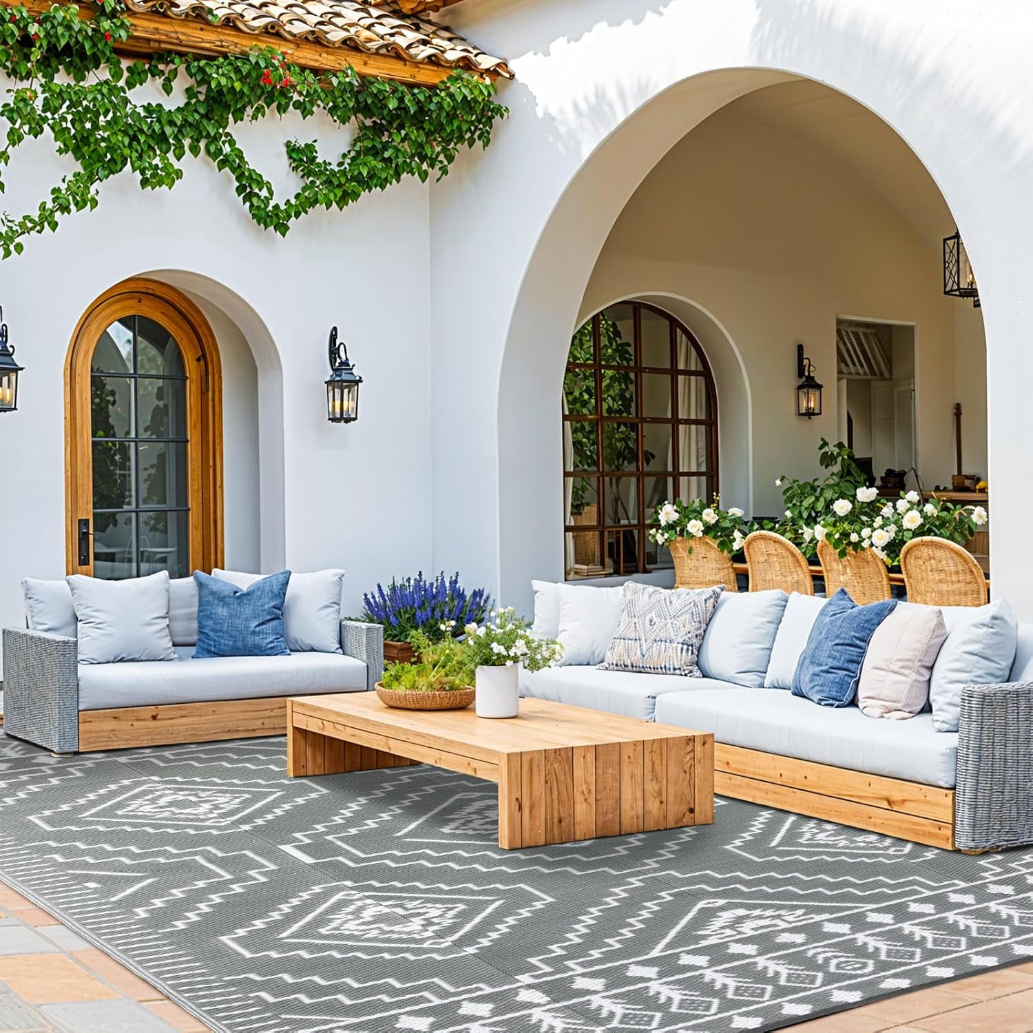 Plastic Straw Outdoor Rug Waterproof Rugs 5X8 UV Resistant Moroccan ...