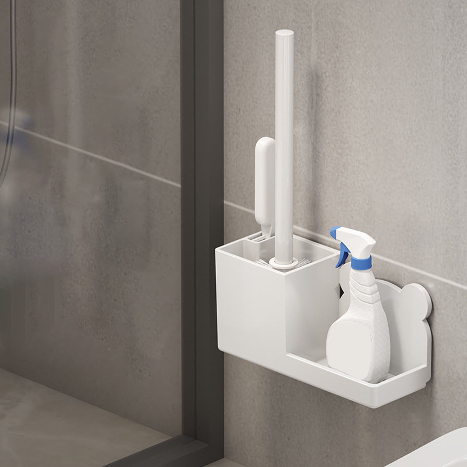 Plastic Toilet Brush Stand, Wall-Mounted No Punching, 3 in 1 Space ...