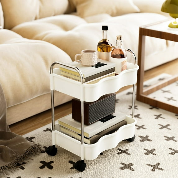 Plastic Trolley 1Pcs White Plastic 2 Layer Storage Cart with Armrests ...