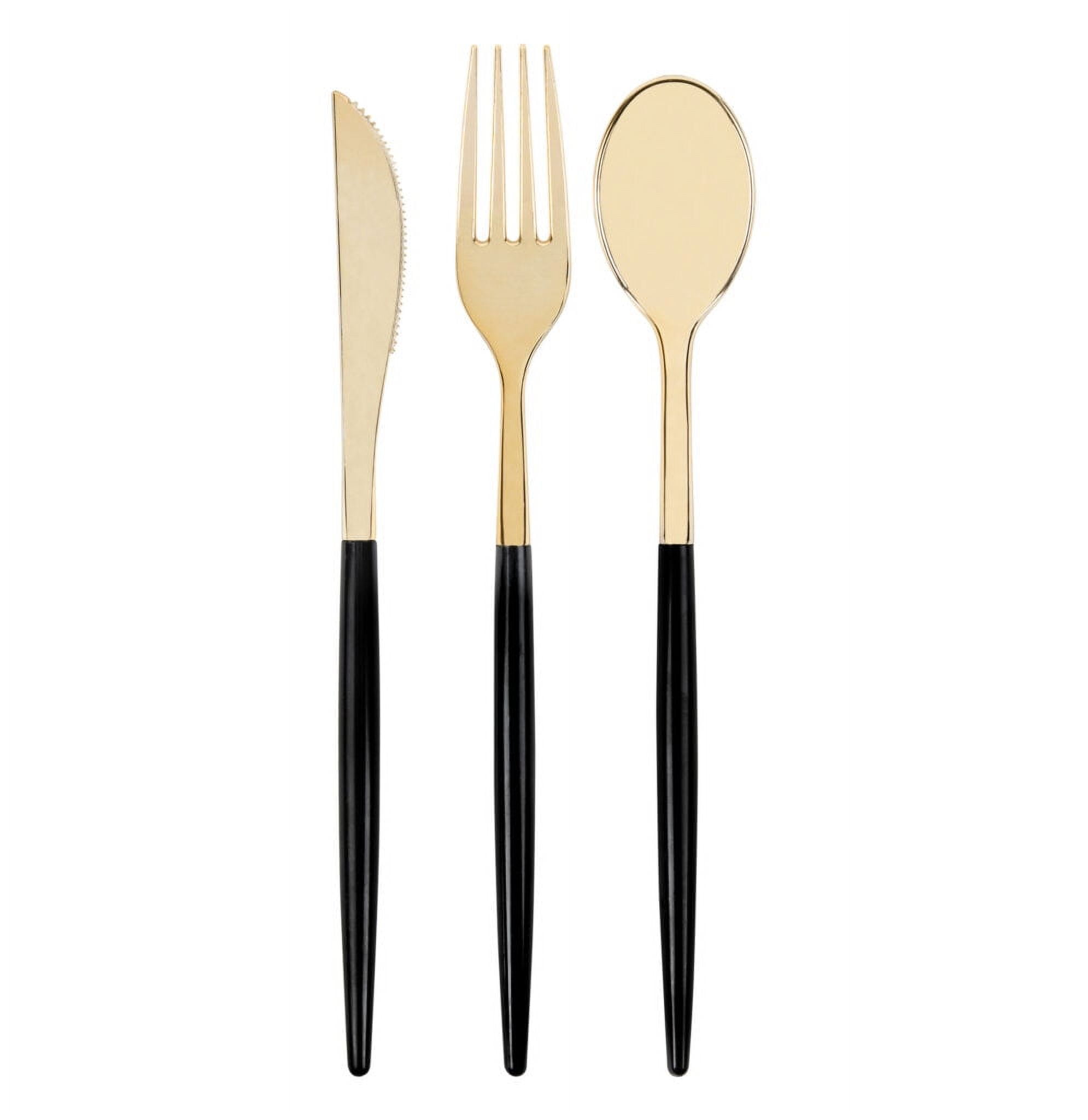 Plastic Two Tone Gold Black Disposable Silverware 32 Piece Heavy Duty ...