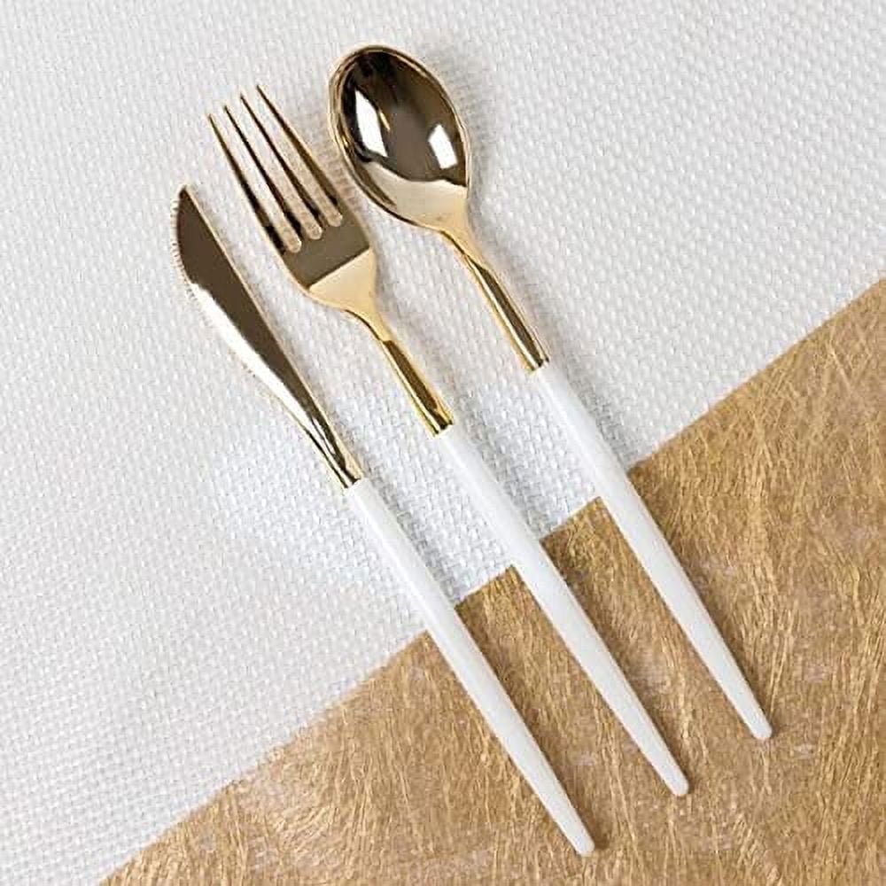 Plastic Two Tone Gold White Disposable Silverware 32 Piece Heavy Duty ...