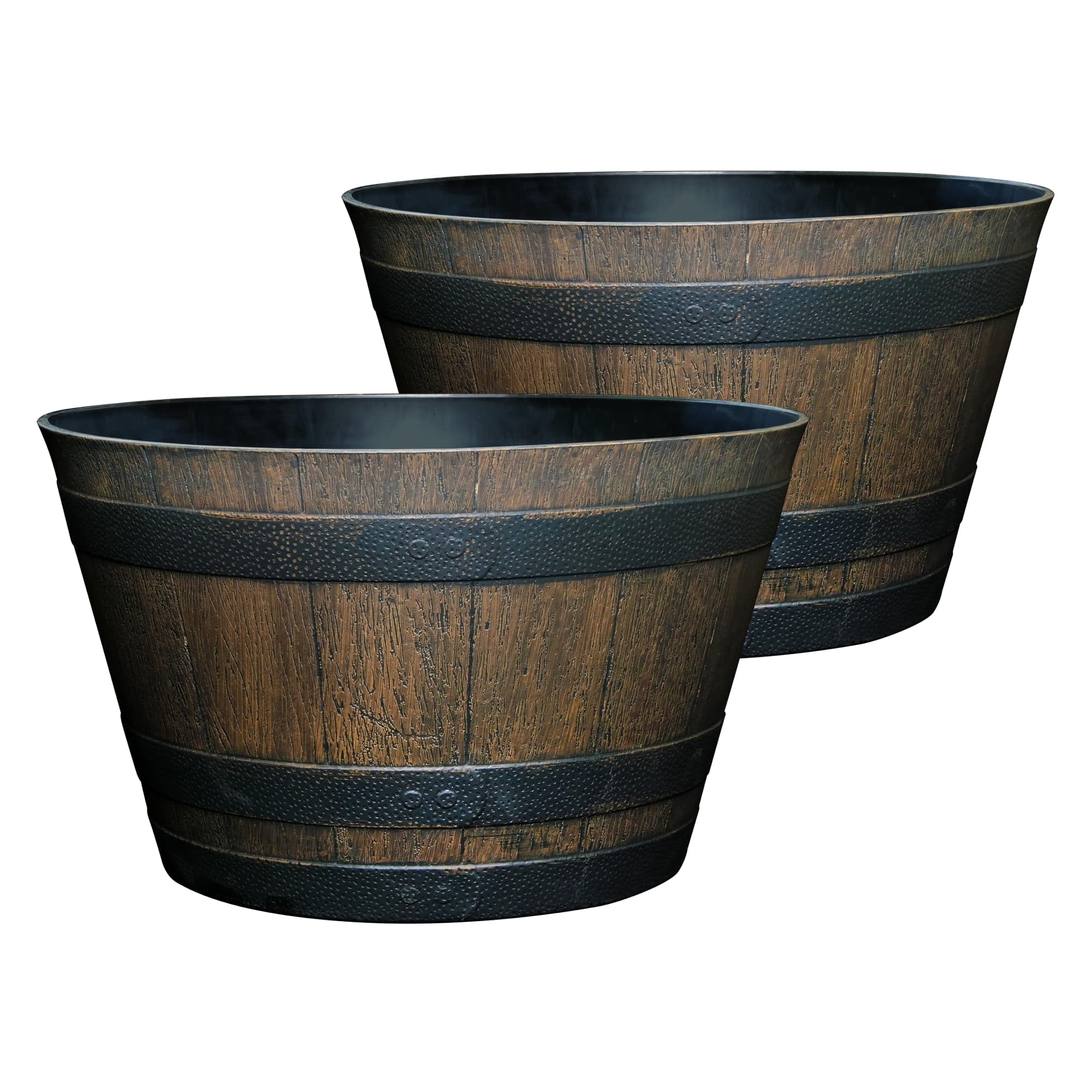 Plastic Whiskey Barrel Flower Pot Set, 2 Pack, Kentucky Walnut Design ...