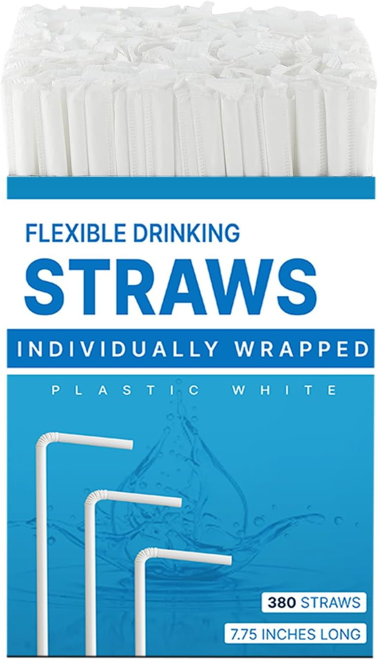 380 disposable plastic white flexible straws bulk, individually wrapped ...