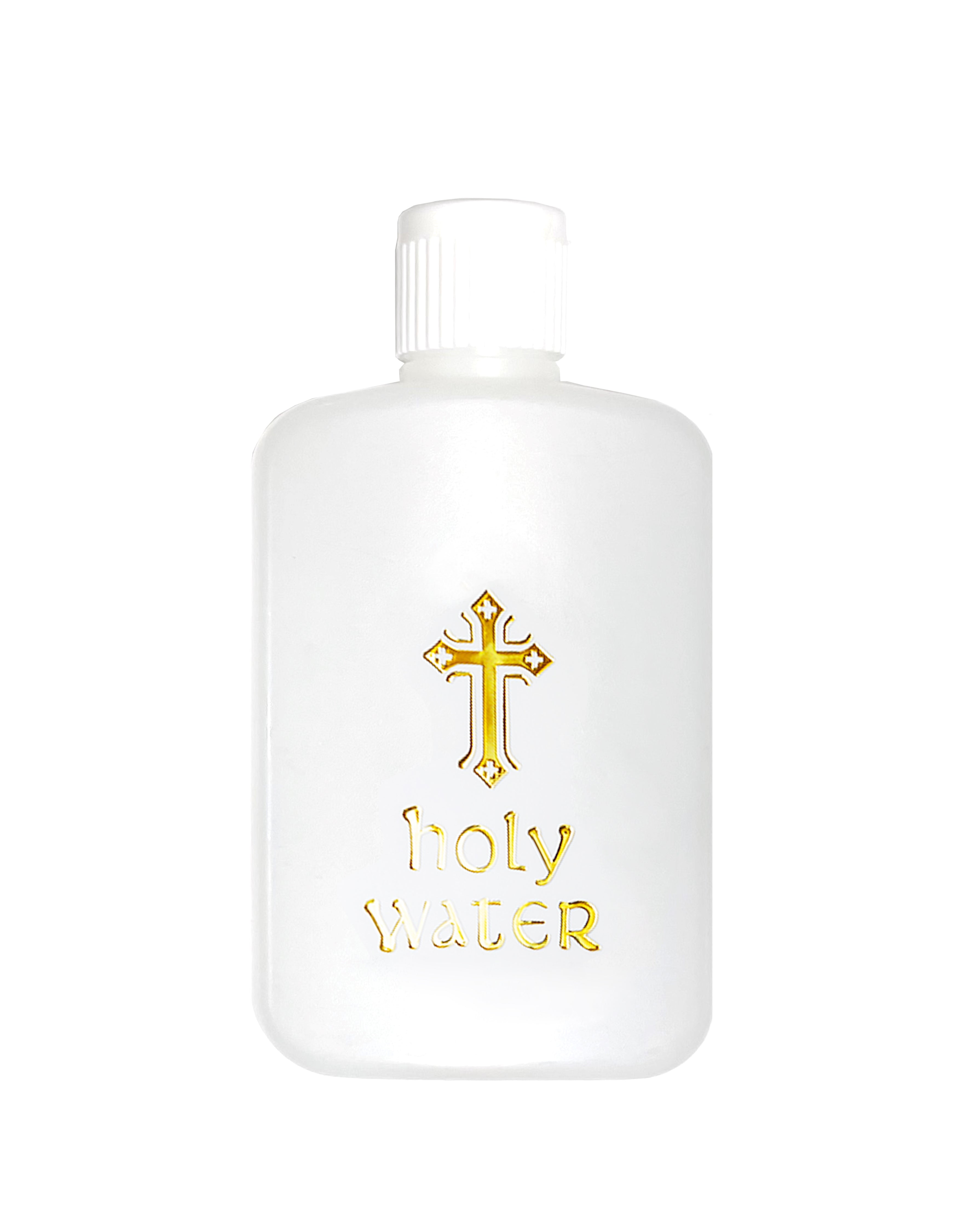 Plastic bottle for holy water with golden details and safety cap design ...