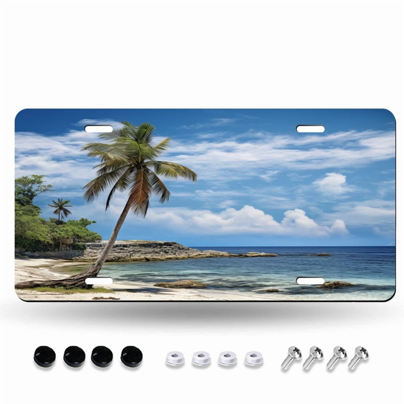 Palm Tree on The Beach in an Island License Plate Frame, Decorative ...
