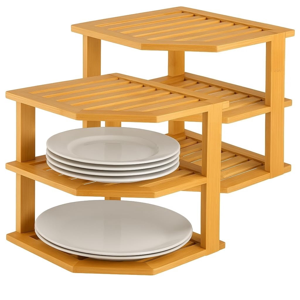 Plate Organizer for Cabinet - 3 Tier Bamboo Corner Cabinet Organizer ...
