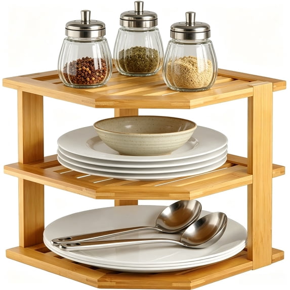 Plate Organizer for Cabinet - 3 Tier Bamboo Corner Cabinet Organizer ...