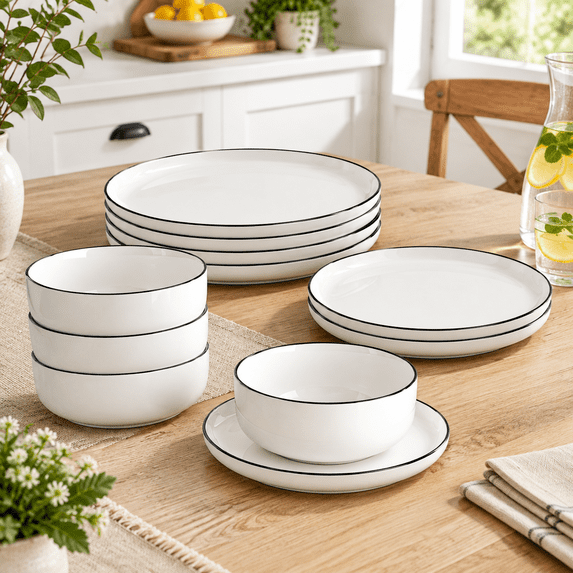 Plates And Sets 12 Pieces Modern Porcelain Dinnerware Set For 4 White ...