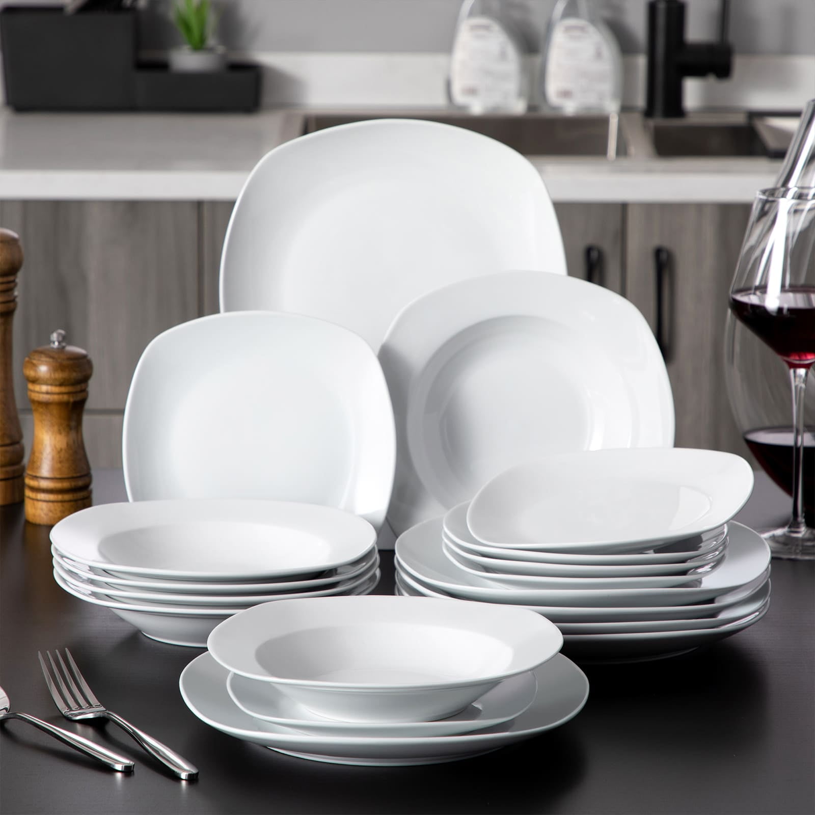 Plates And Bowls Sets, 18-Piece Porcelain Gray White Dinnerware Set ...