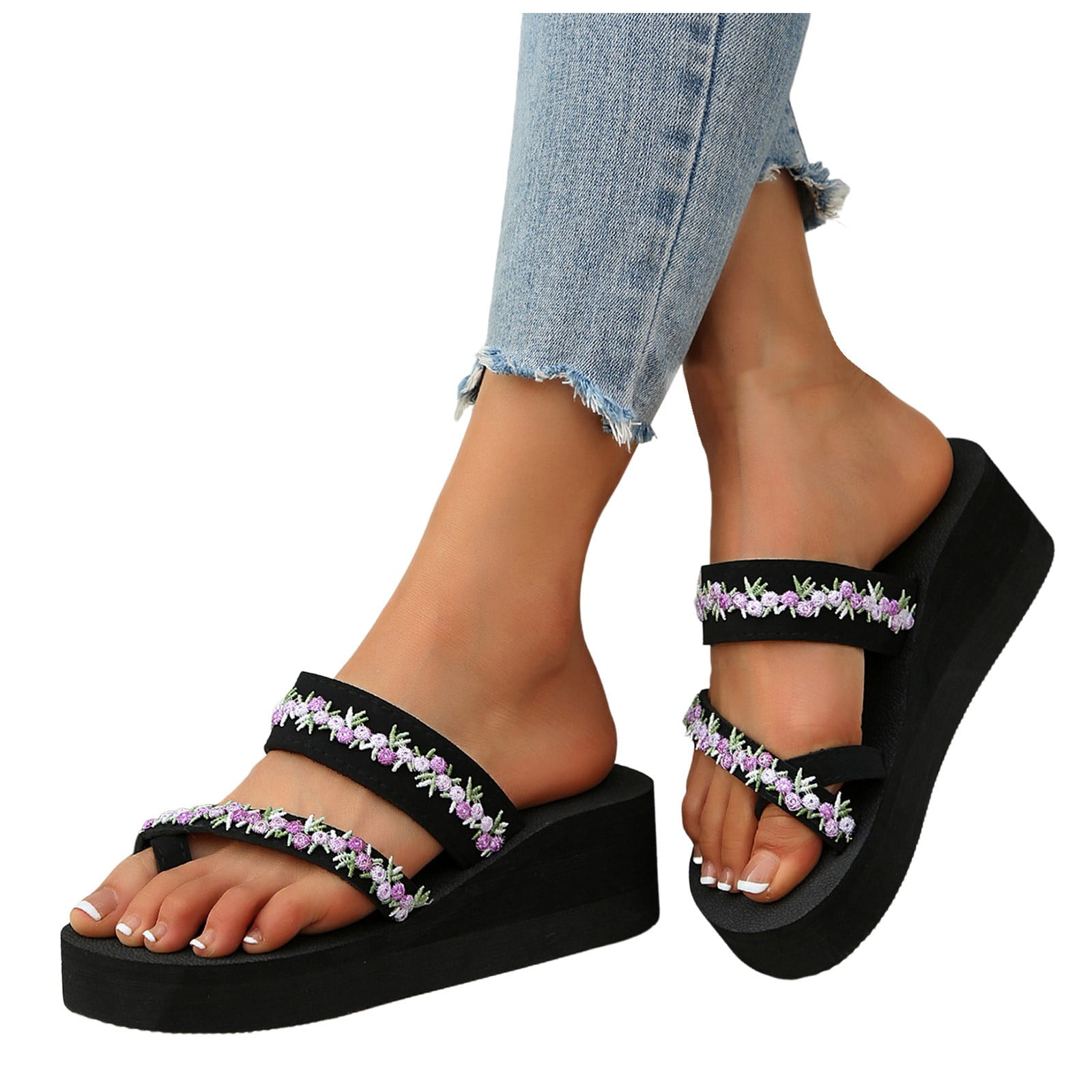 Platform Beach Flip Flops Flower Chunky Wedge Heeled Thongs Slip on ...