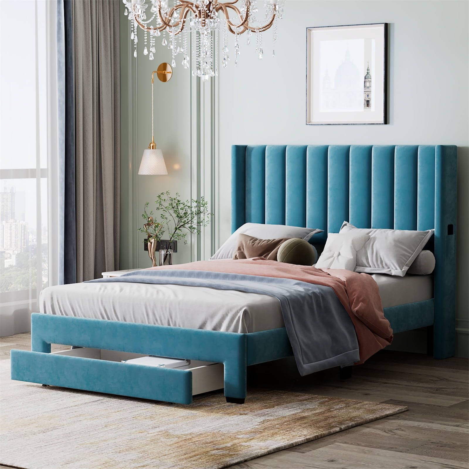 Platform Bed with a Big Drawer, Full Size Storage Platform Bed Frame ...
