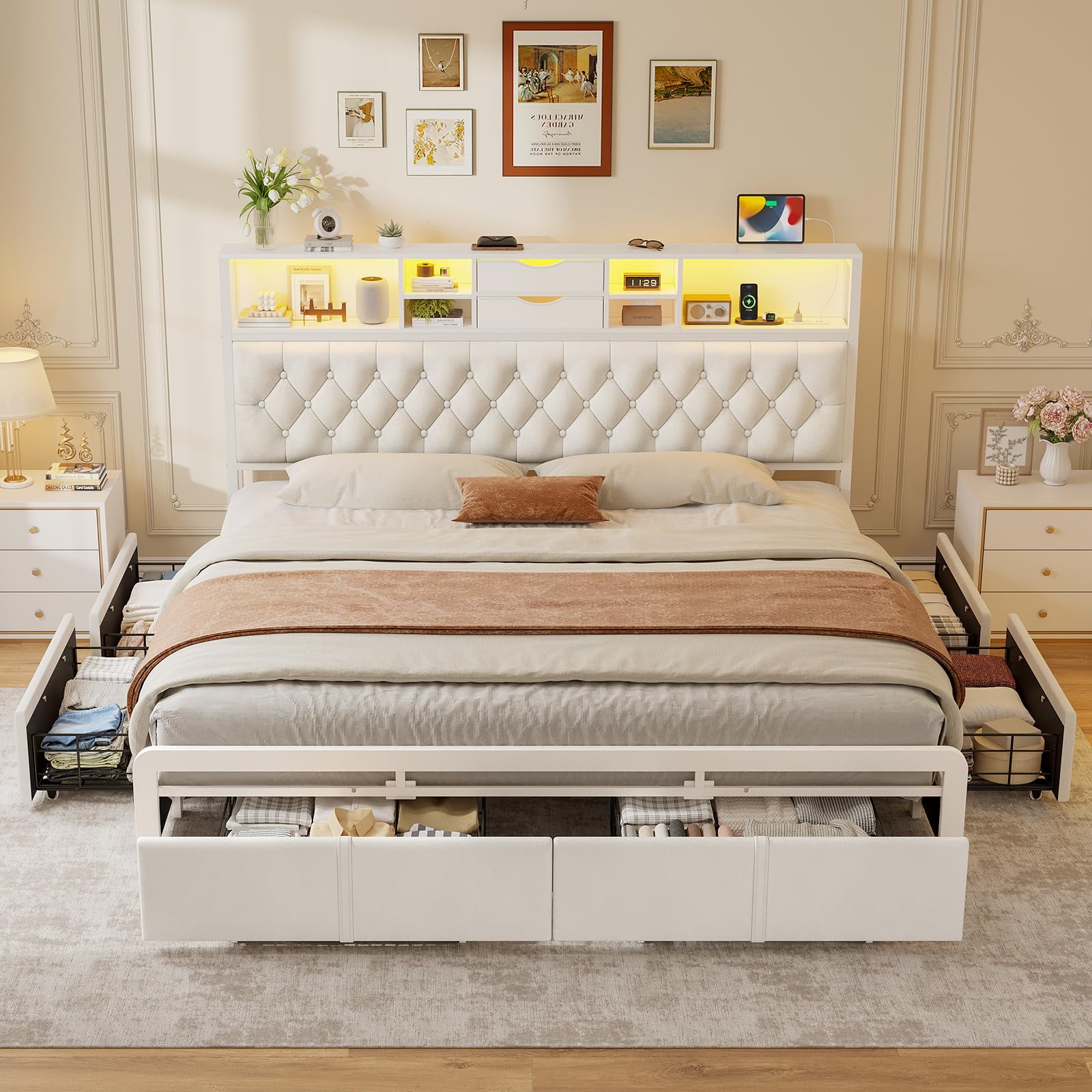 Platform Bed Frame King Size with 6 Storage Drawers and Headboard, LED Lights,Charging Station ...
