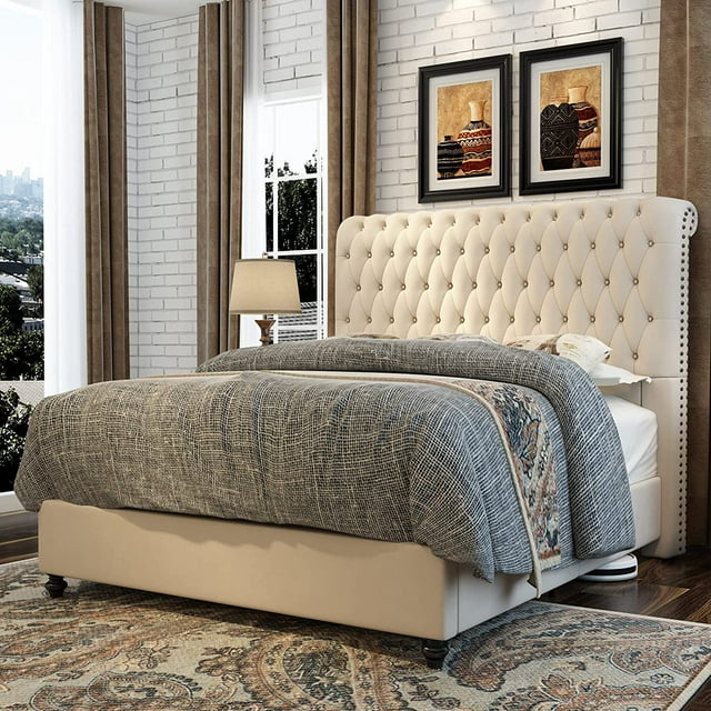 Platform Bed Frame King Size Velvet Upholstered Sleigh Bed Button