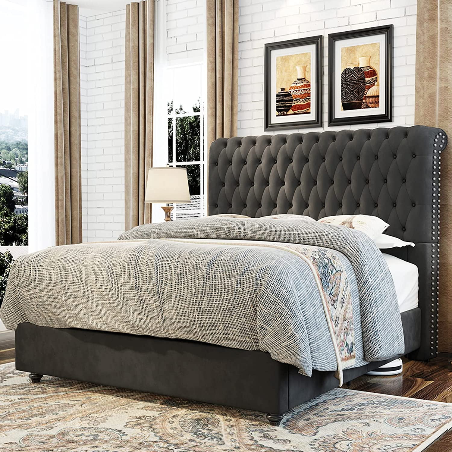 Platform Bed Frame King Size Velvet Upholstered Sleigh Bed Button ...