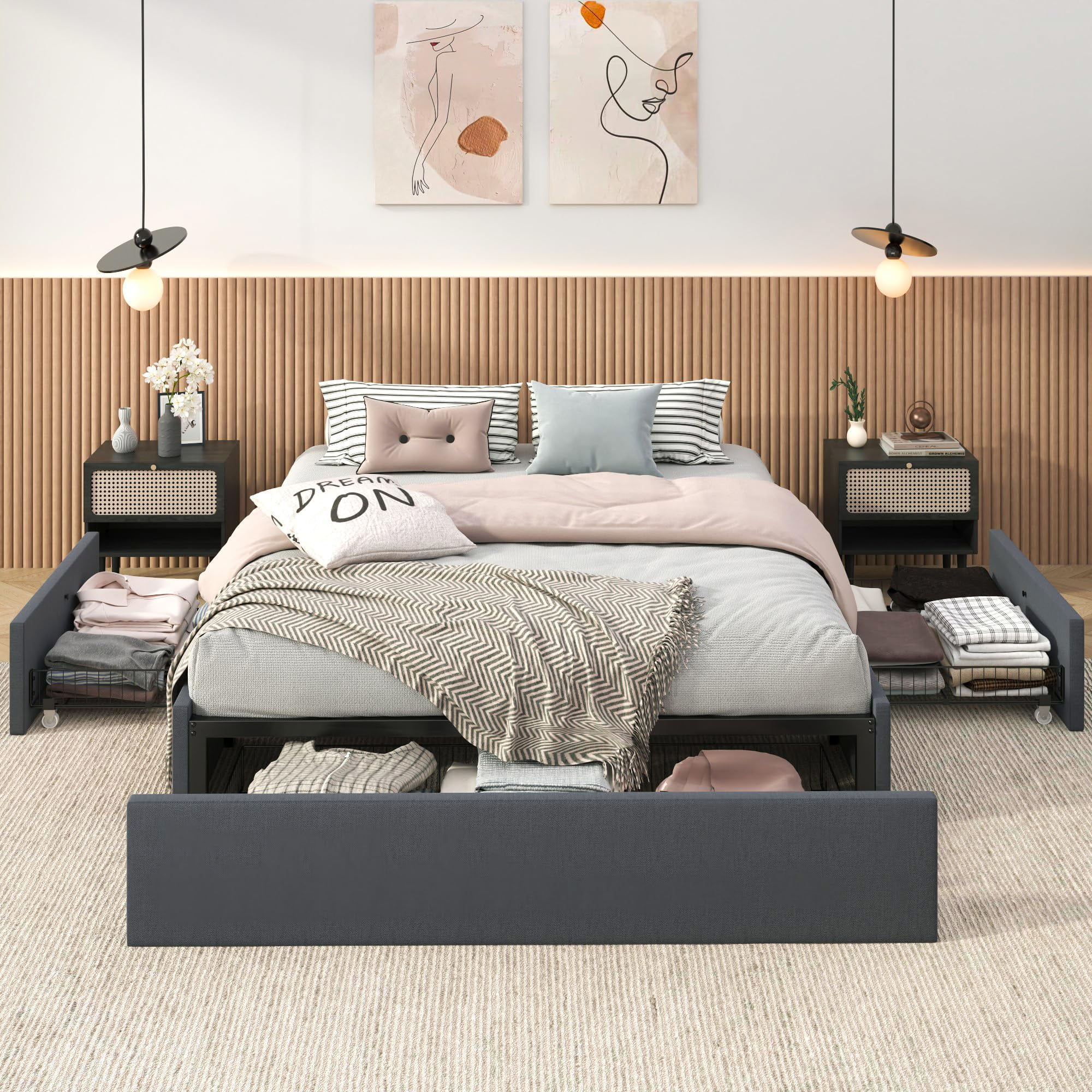 Platform Bed Frame Queen, Upholstered Winged Headboard, 3 Large Storage ...