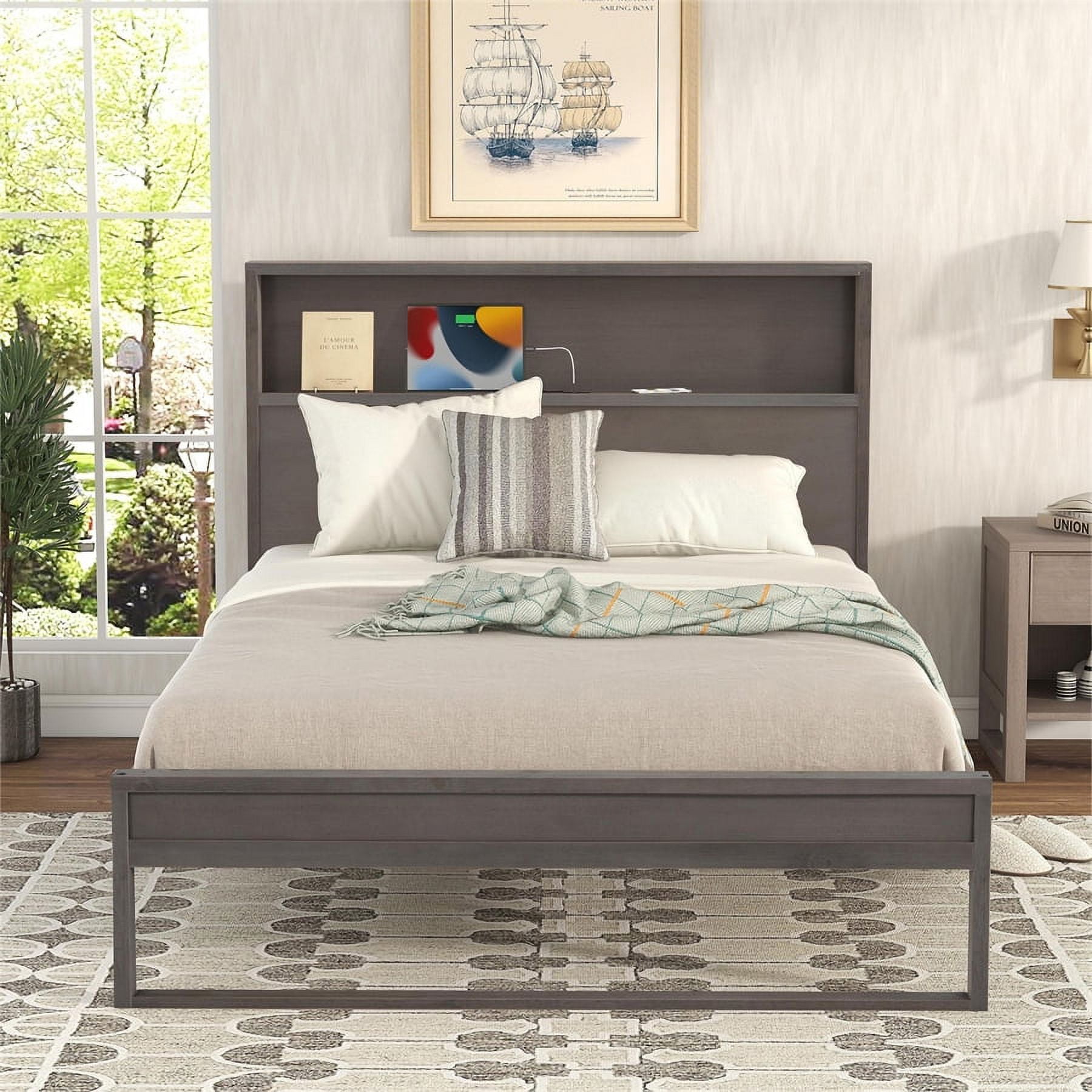 Platform Bed Frame with Storage Headboard, Full Size Farmhouse Platform ...