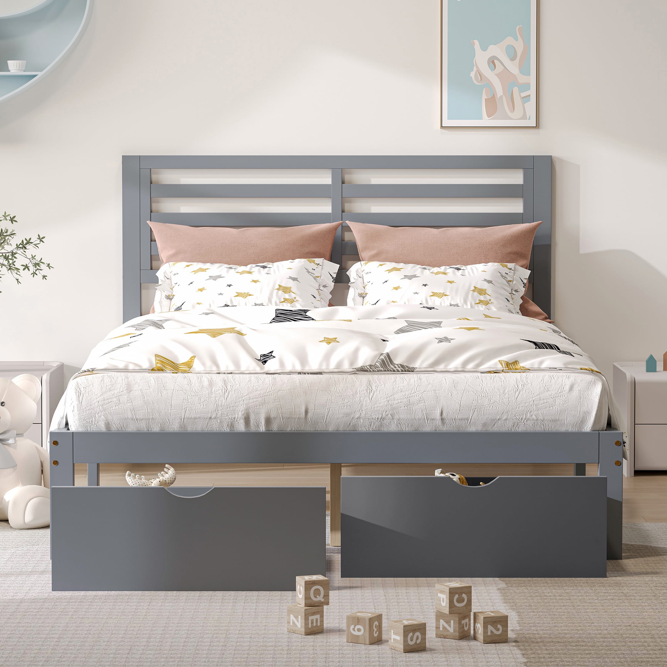 UHOMEPRO Platform Bed Frame Storage Bed with Headboard Pine Wood Full Bed Frame for Bedroom Modern Full Size Bed Frame with Drawers Wood Slats Support Holds 400 lb No Box Spring Needed