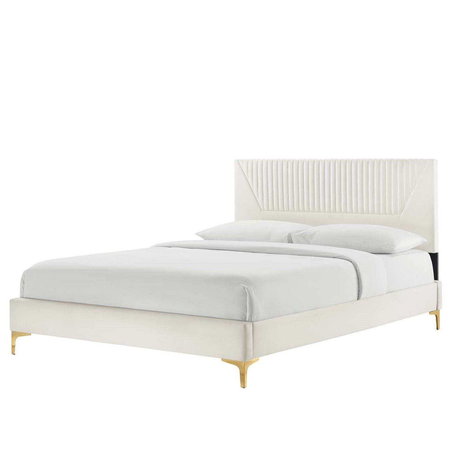 Platform Bed Frame, Tufted, Full, White, Velvet, Mid Century Bedroom ...