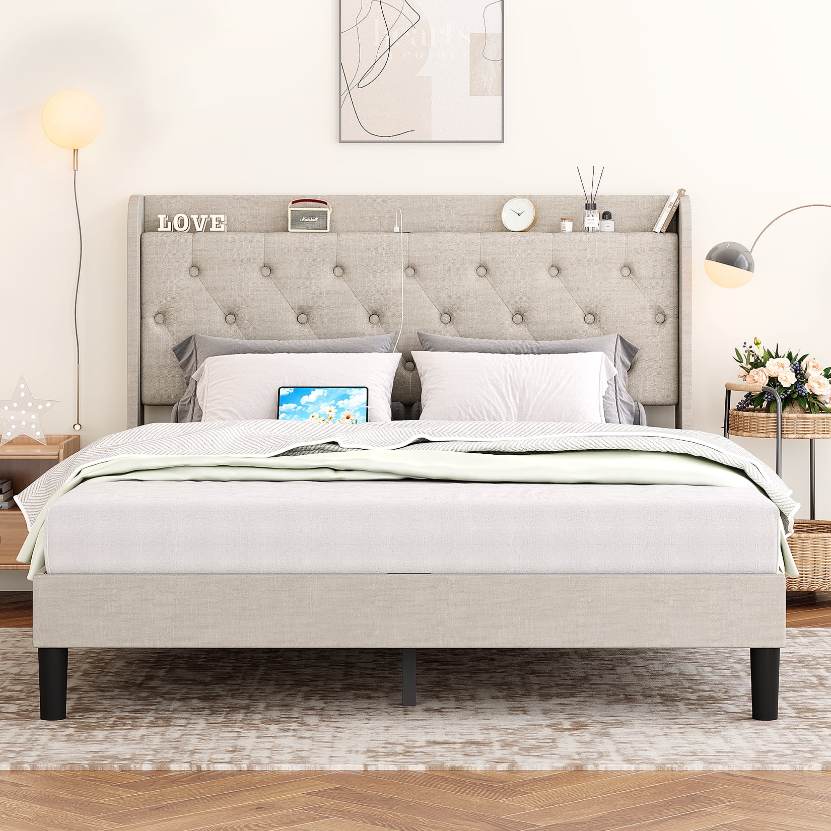 Platform Bed Frame With Type-C & USB Ports - Wingback Headboard, Button ...