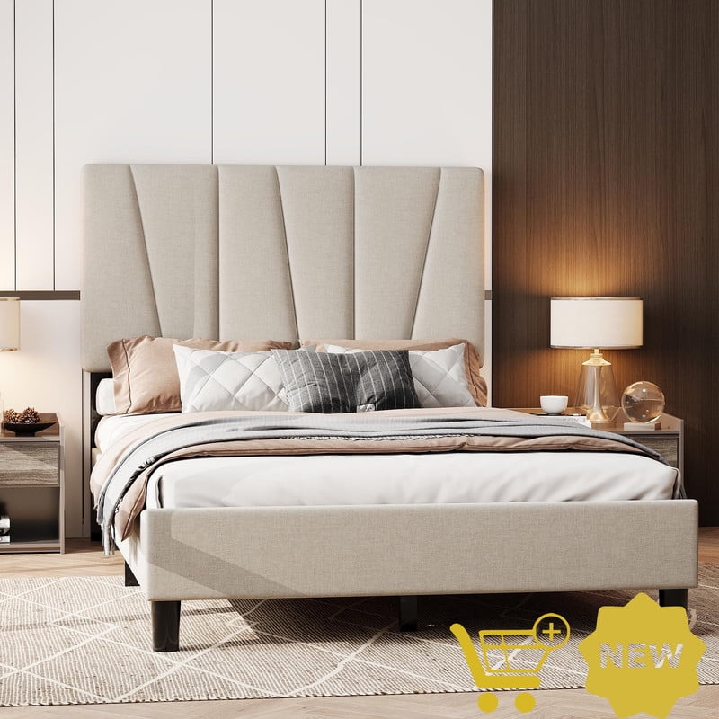 Platform Bed Frame with Adjustable Headboard, Linen Upholstery, Strong ...
