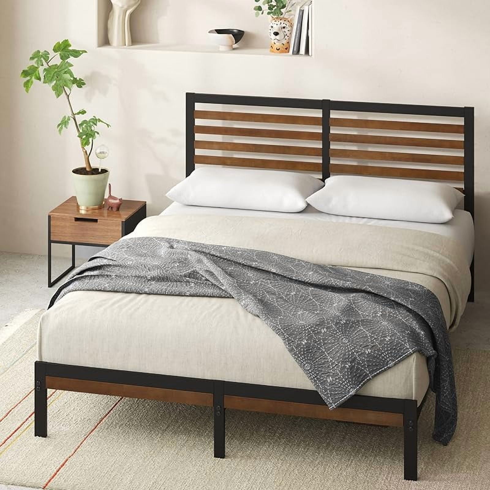Platform Bed Frame with Headboard, No Box Spring Needed, Wood Slat ...