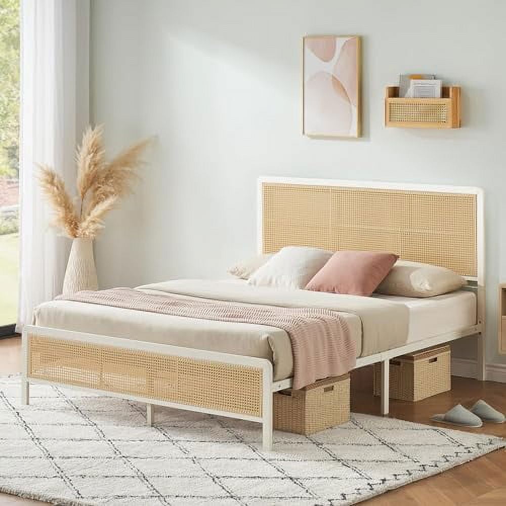 Platform Bed Frame with Natural Rattan Headboard Modern Cane Bed Frames ...