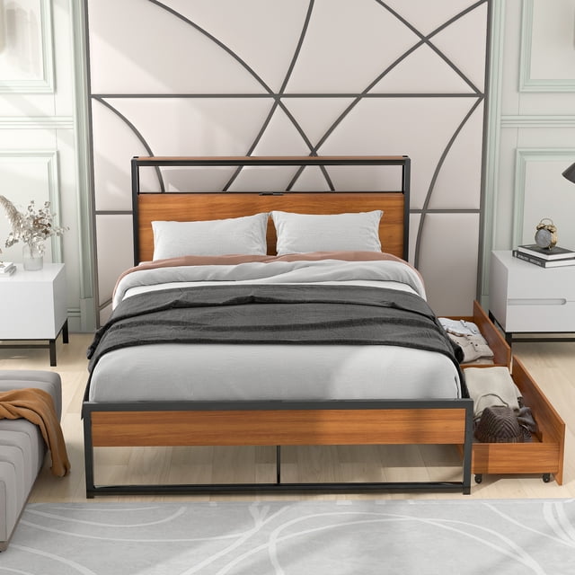 Platform Bed Full Size Bed Frame With Socket And USB Interface 2 ...