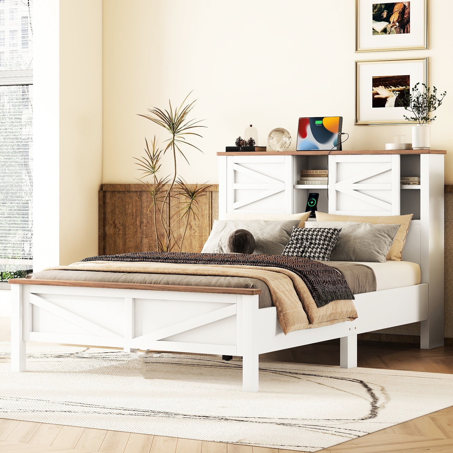 Platform Bed, Full Size, Rustic Design, Double Sliding Door, Charging ...