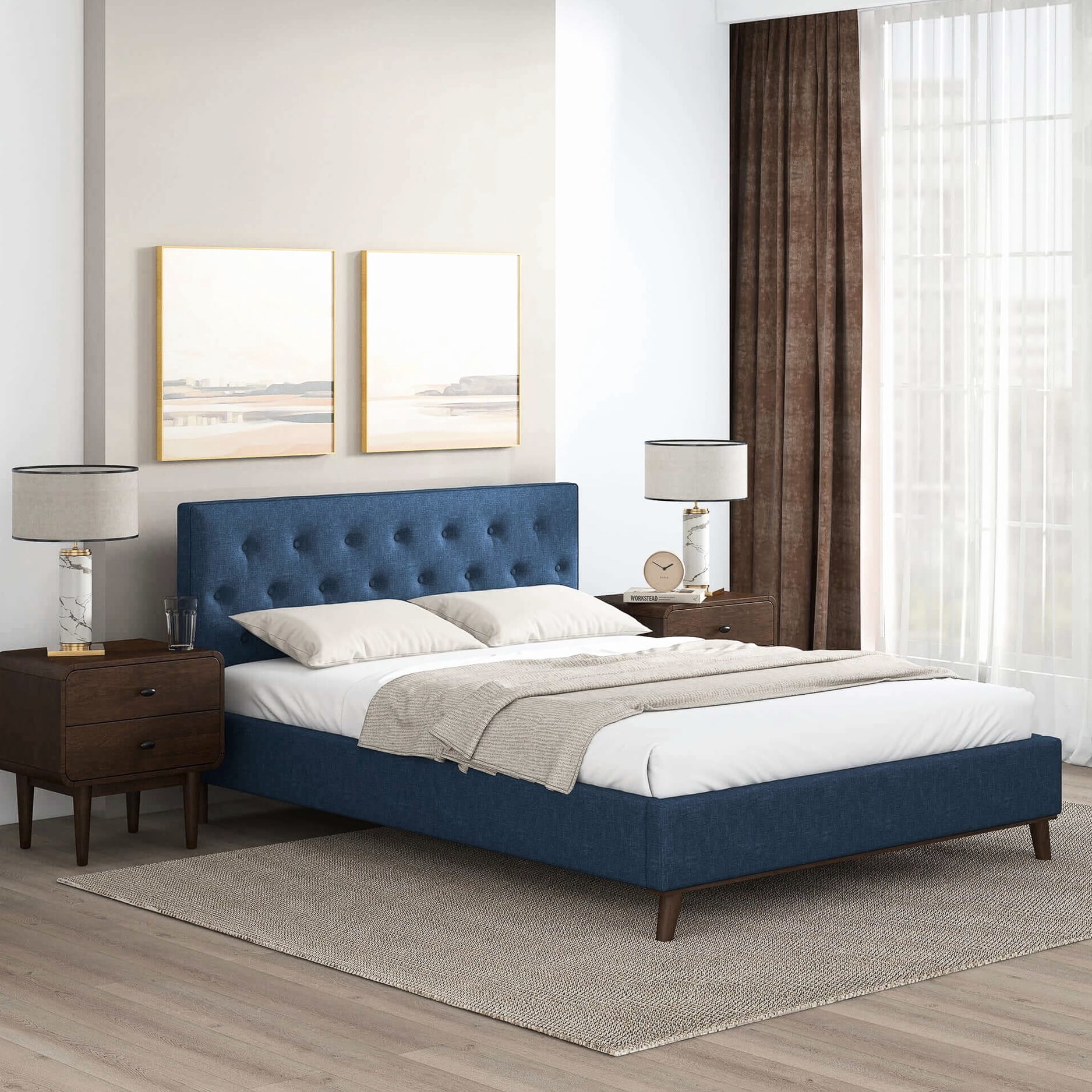 Platform Bed King - Blue, Elegant Wingback Style, No Box Spring Needed ...