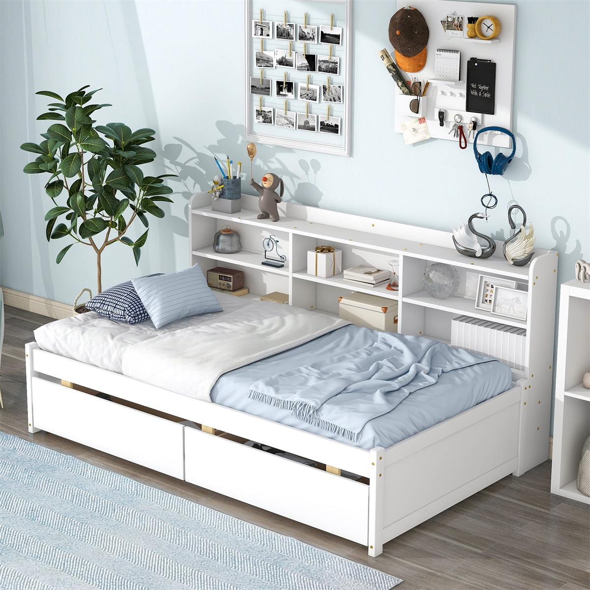 Platform Bed with Side Bookcase & 2 Storage Drawers,Wood Twin Size ...