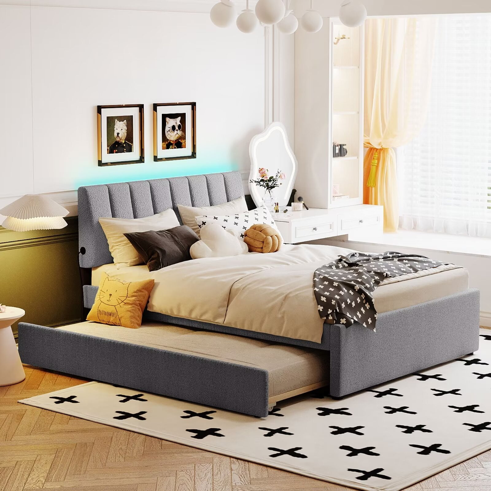 Platform Bed with Trundle, Full Size Teddy Fleece Upholstered Bed Frame ...