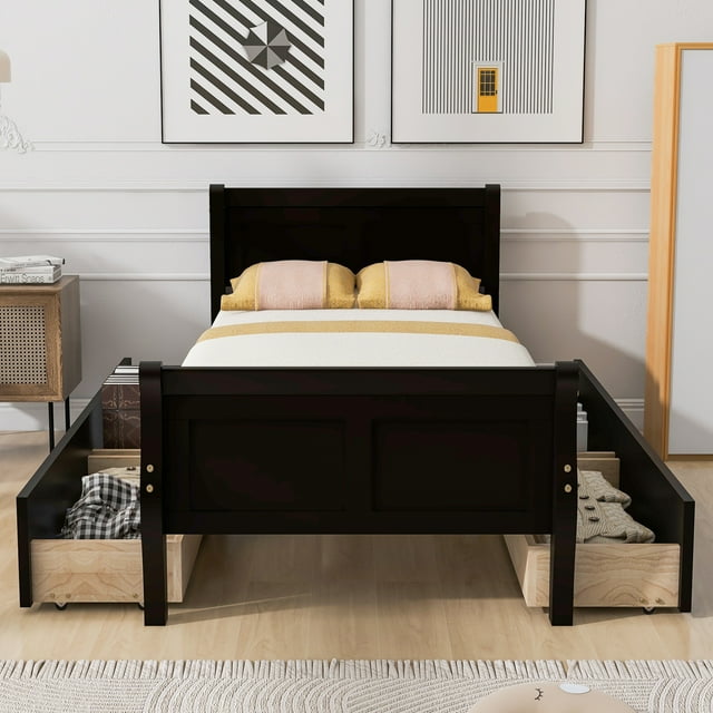 Platform Bed Twin Size Wood Bed With 4 Drawers Streamlined Headboard ...