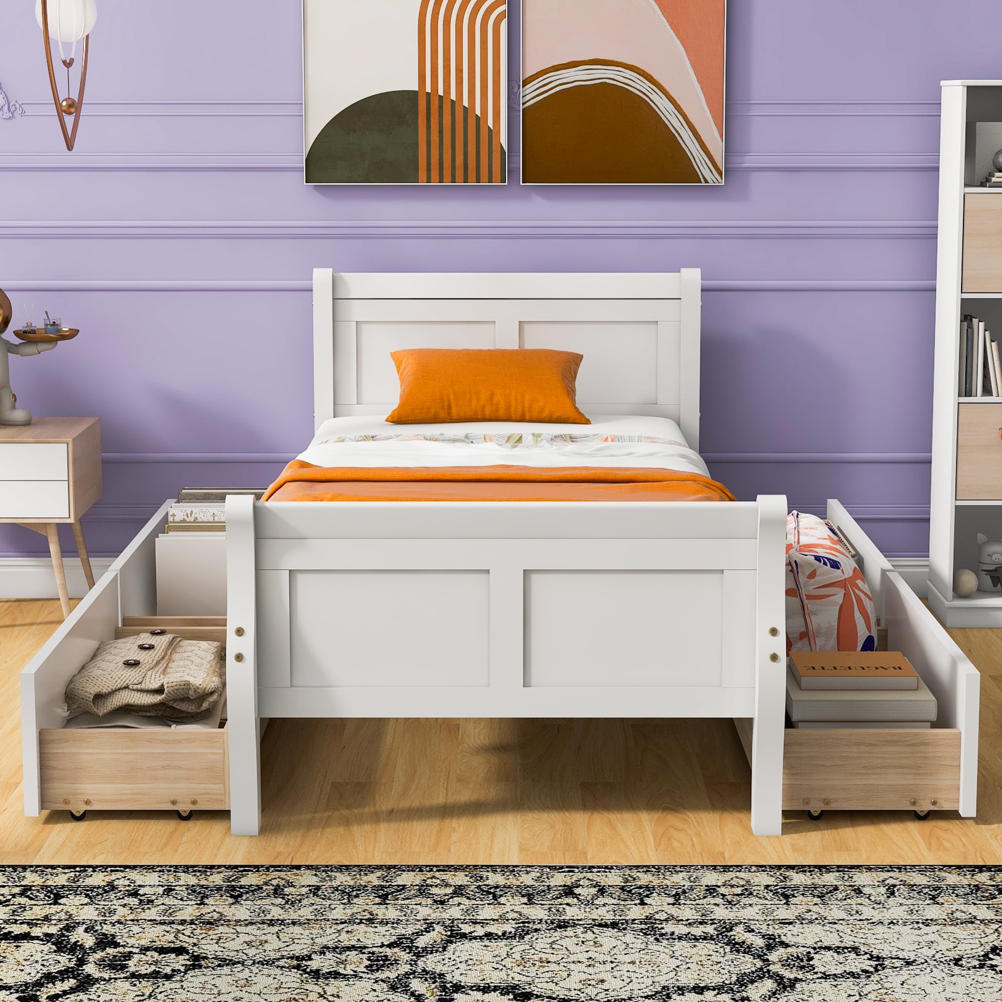 Platform Bed Twin Size Wood Bed With 4 Drawers Streamlined Headboard ...