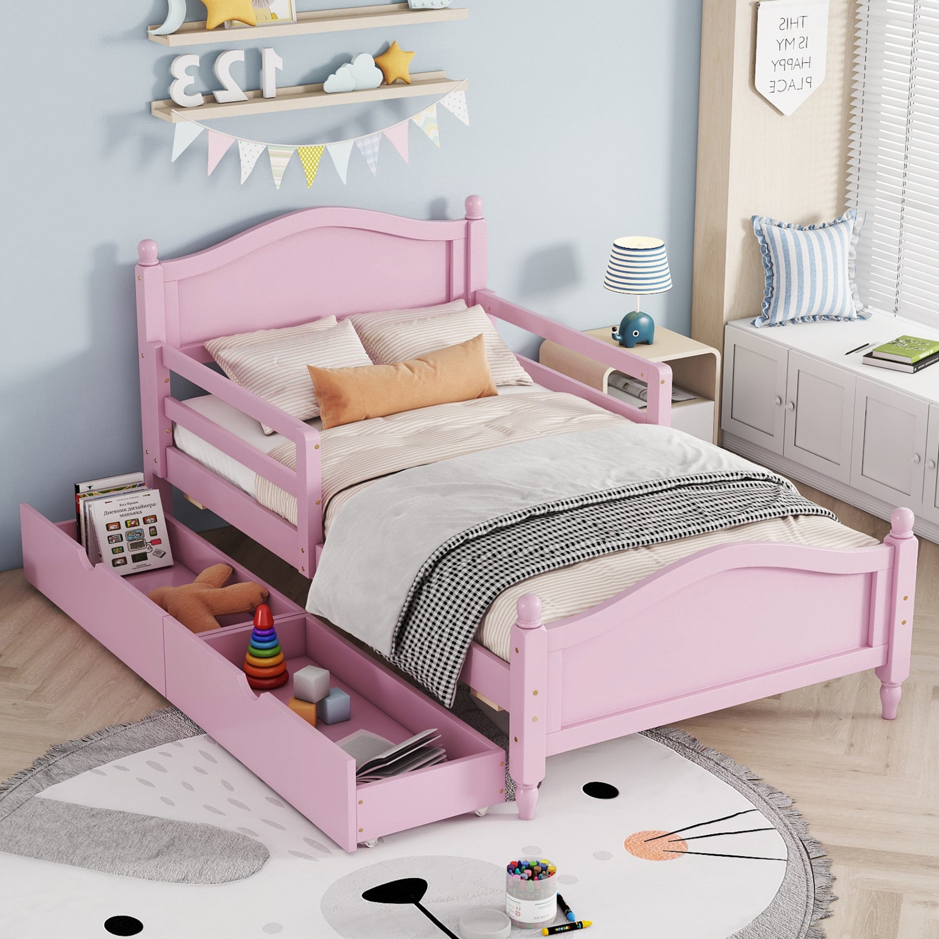 Platform Bed, Twin Size Wooden Bed Frame with 2 Drawers & Guardrails on ...