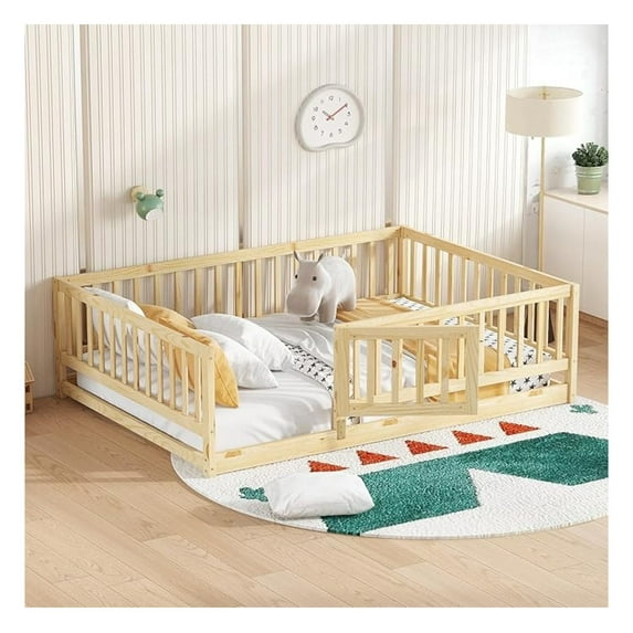 Platform Bed with Fence and Doors,Wood Floor Bed Frame for Bedroom,No ...