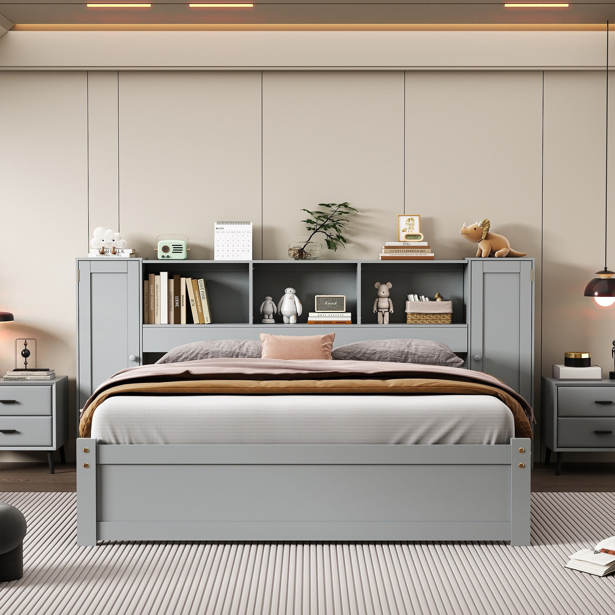 Platform Storage Bed with Headboard Bookcase Wood Bed Frame Gray - Full ...