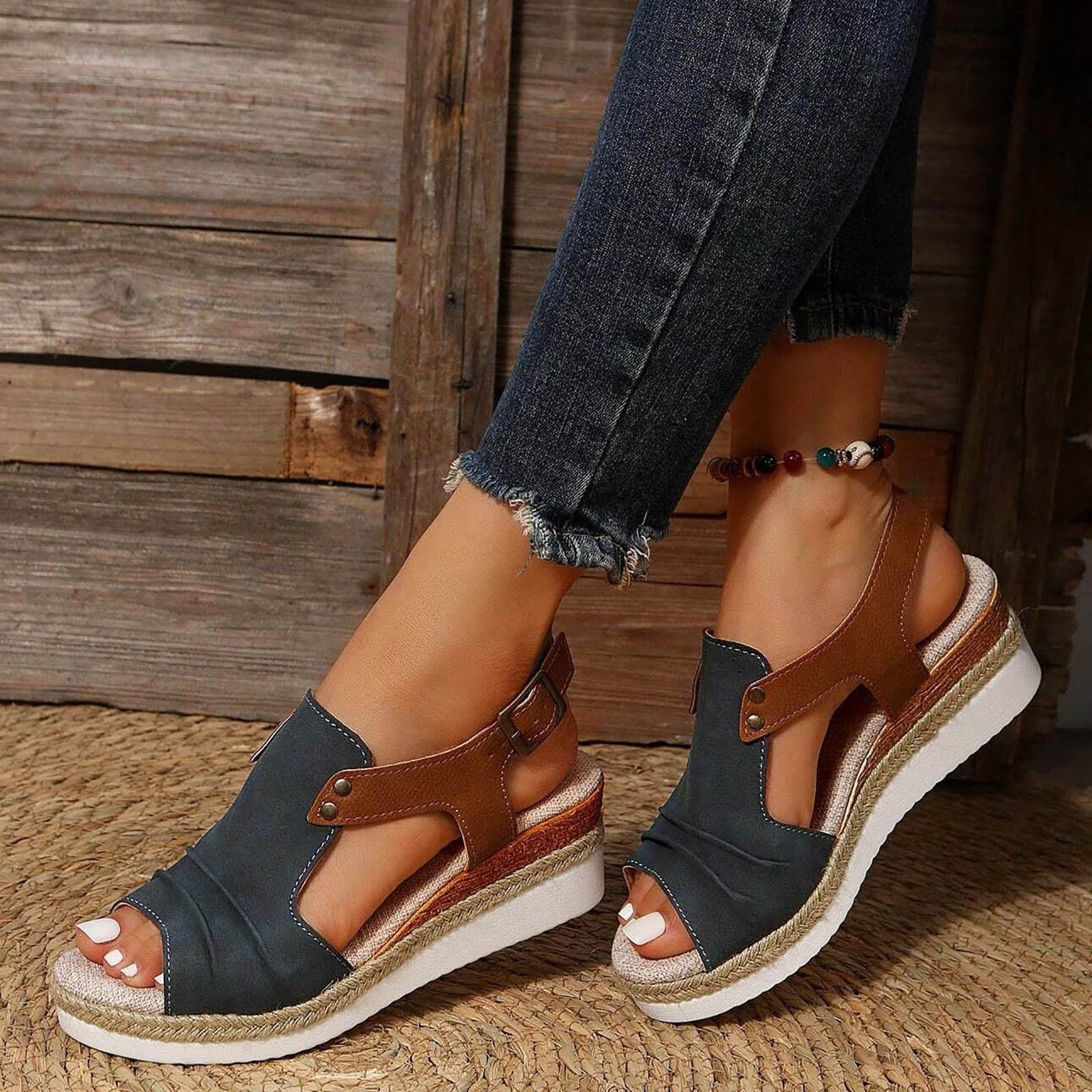 Platform Wedge Sandals Women Open Toe Buckle Ankle Strap Espadrilles ...