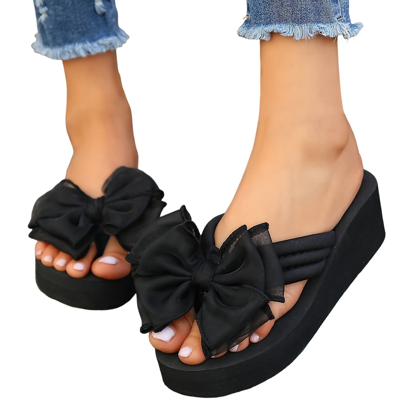 Platform Wedge Sandals for Women Bow Knot Arch Support Slide Sandals ...