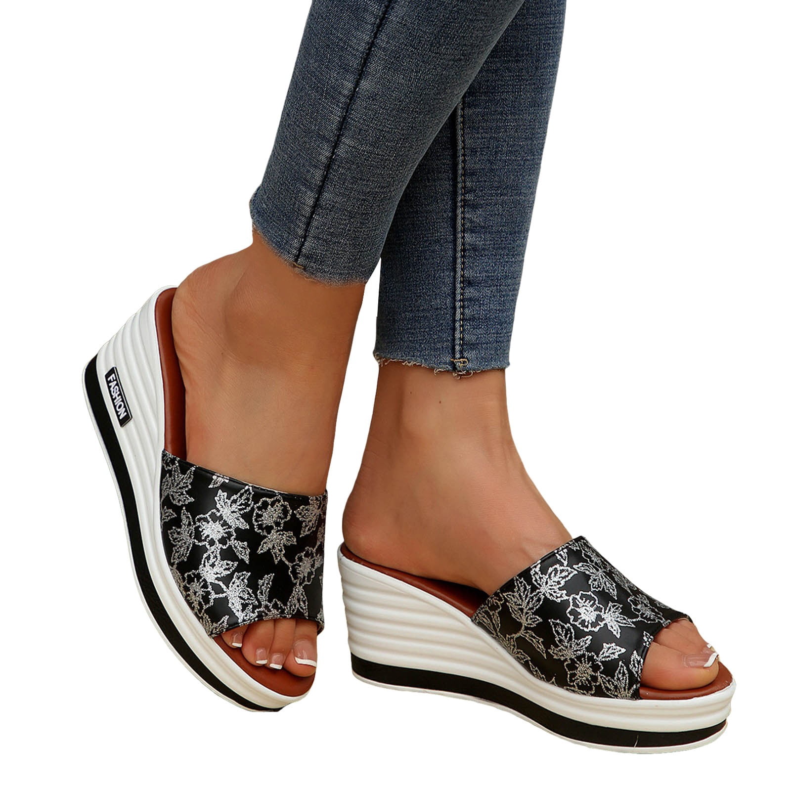 Platform Wedge Slides Sandals for Women 2025 Fashion Casual Floral Peep ...