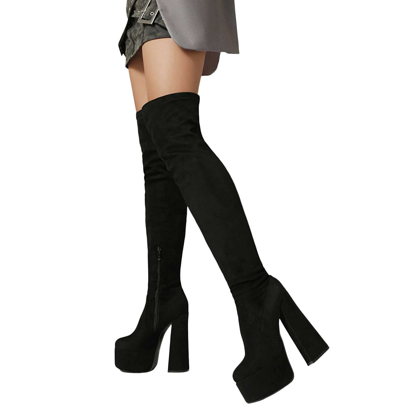 Platform over The Knee Boots for Women Sexy Slim Fit Suede Chunky Block ...