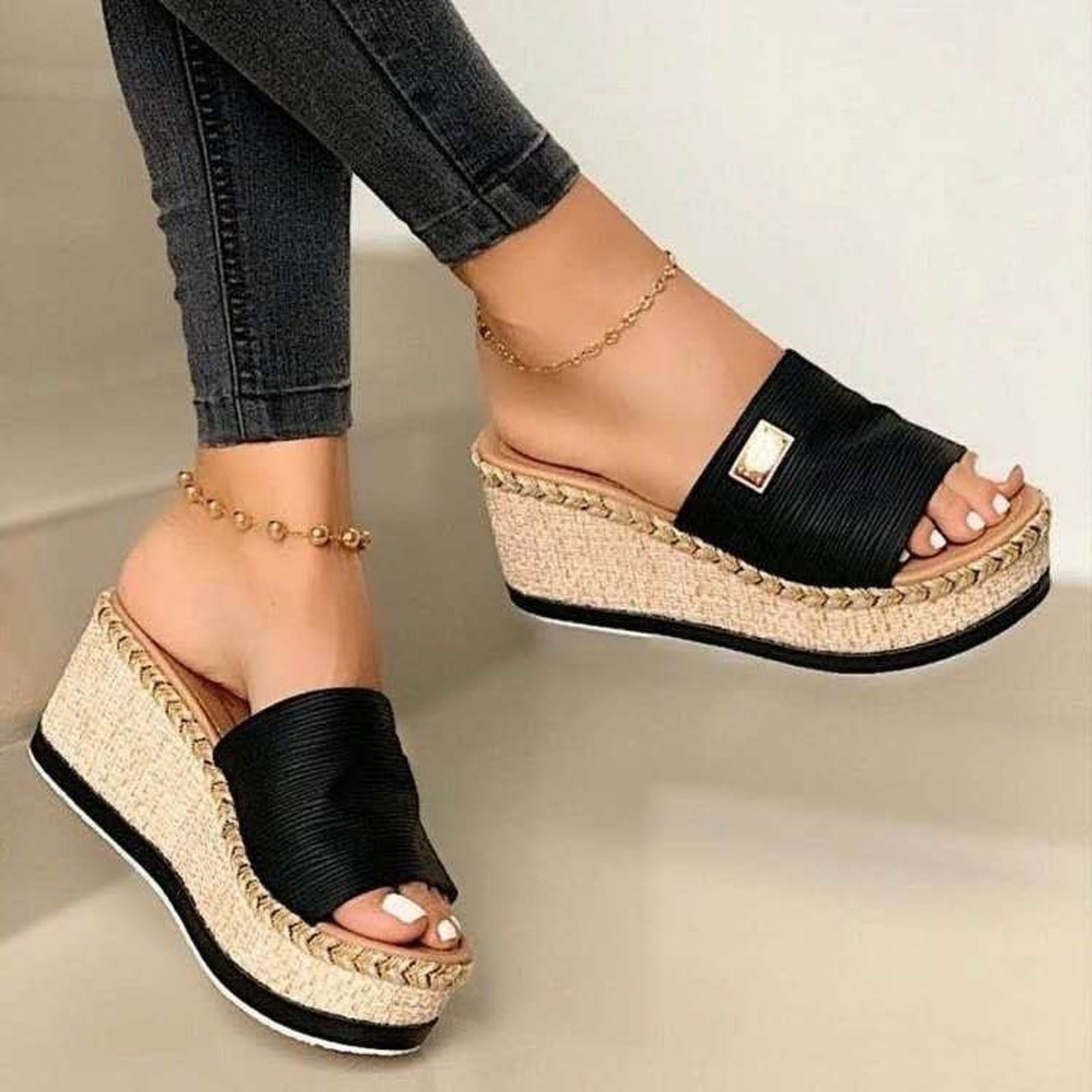Platformed Slippers for Women Denim Canvas Espadrille Platformed ...