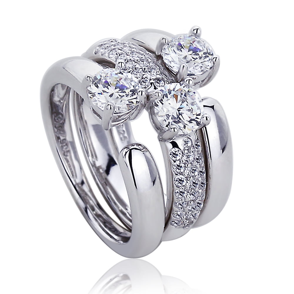 Platinum Plated Sterling Silver 1.5ct 3 pcs Round CZ Stackable Wedding ...