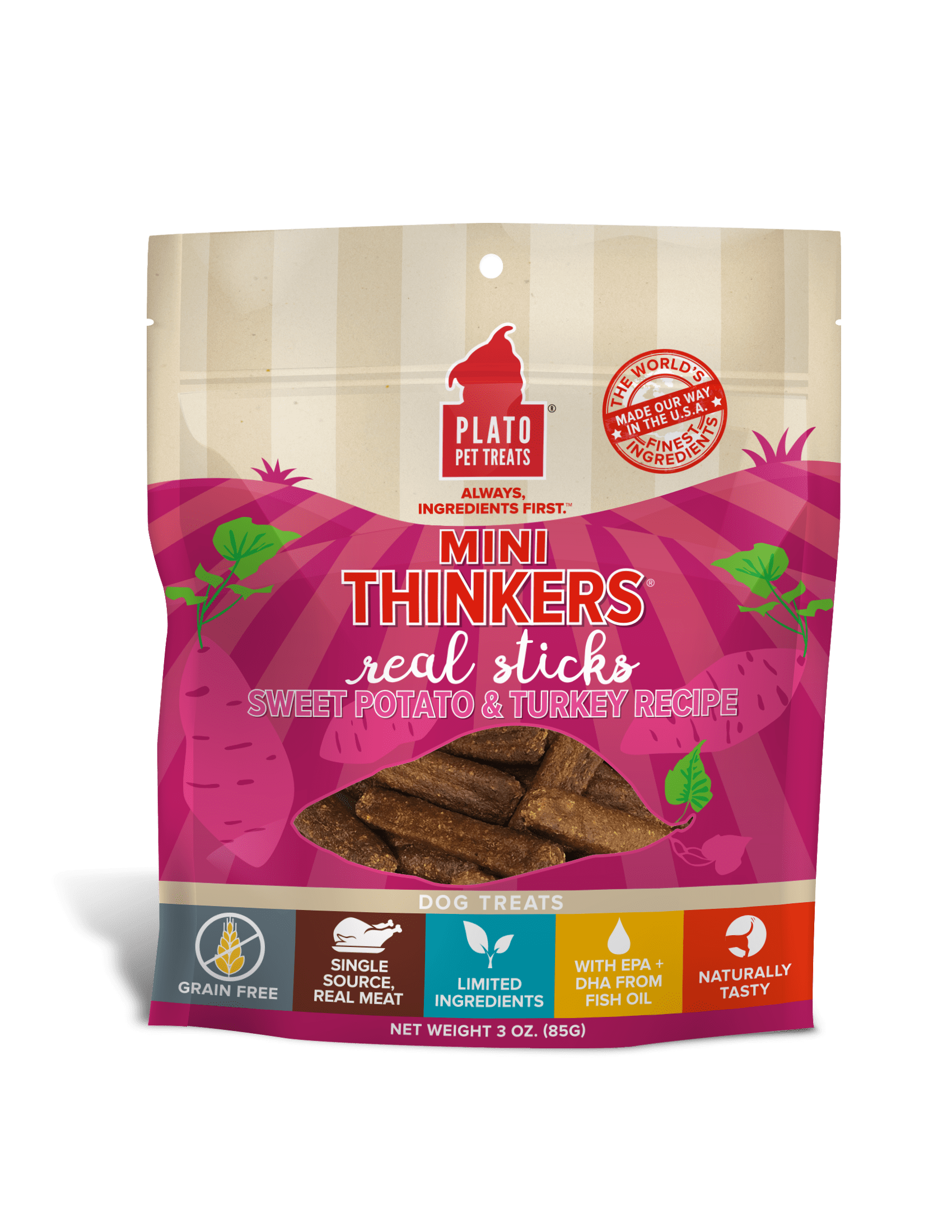 Plato Mini Thinkers Sweet Potato & Turkey Grain-Free Dog Treats, 3 Oz ...
