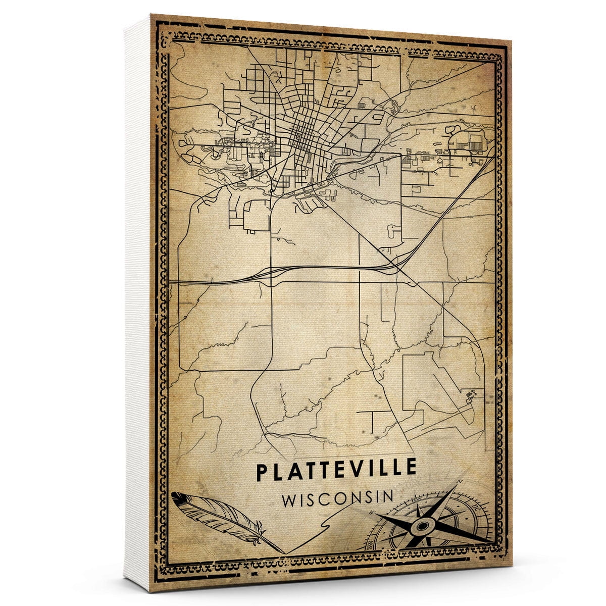 Platteville Vintage Map Prints Canvas, Wisconsin Map Art Canvas, Canvas ...