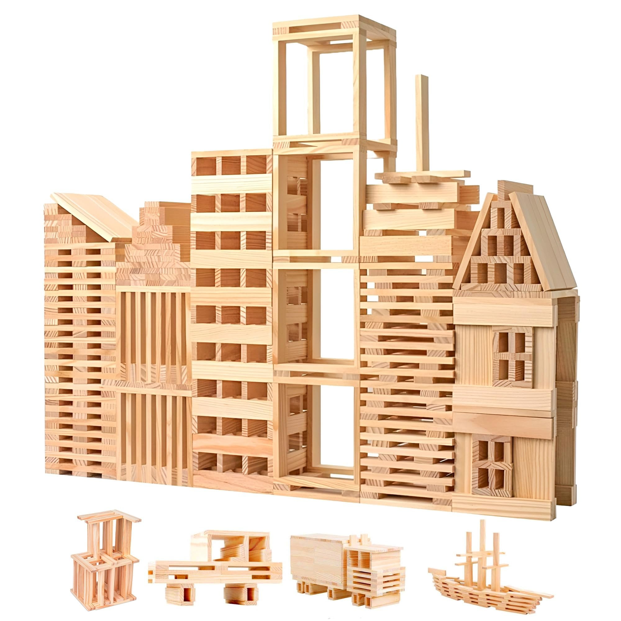 Play Build Wooden Building Blocks Set - 200-Piece Plank Block ...