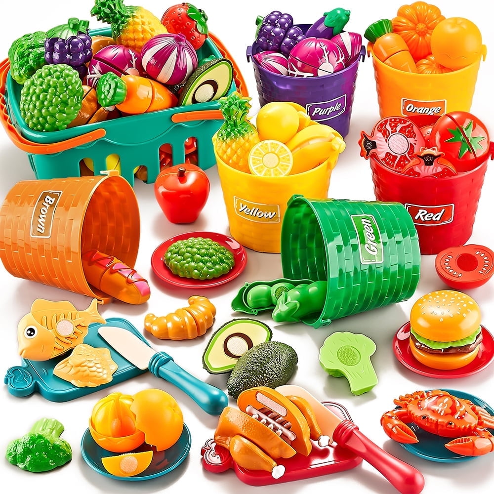 Play Food Sets for Kids Kitchen, 77Pc Color Sorting Toy Food with ...