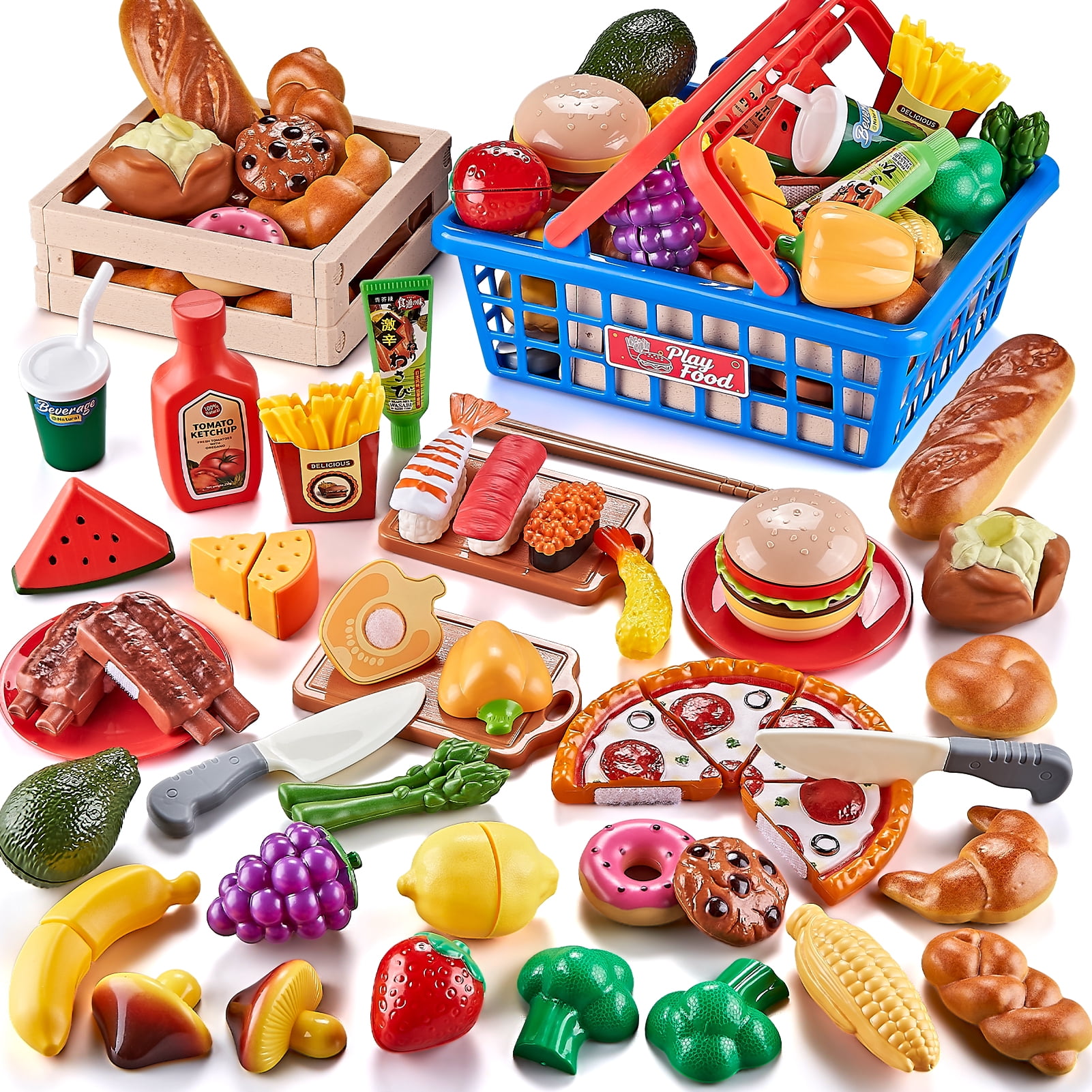 Play Food Sets for Kids Kitchen, Global Cuisine Toddler Cutting Fake ...