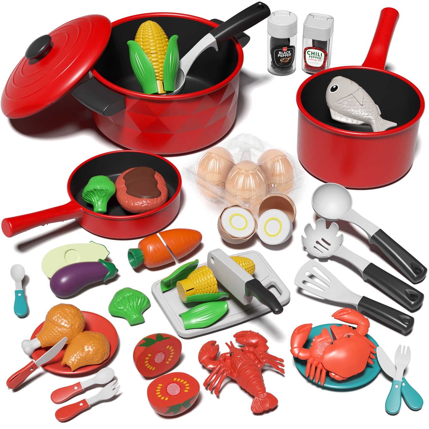 OROLIVING Play Food Sets Kitchen Accessories with Pots Pans Cutting ...