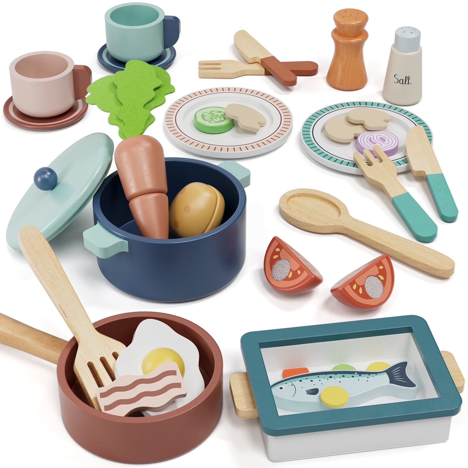 Play Food Sets, Wooden Play Food Set for Kids Kitchen Play Kitchen ...