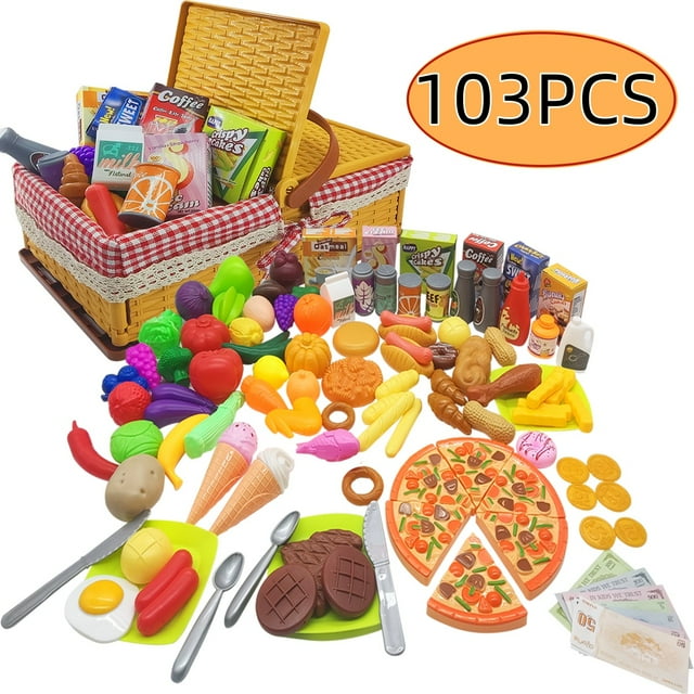 Toddler's Play Food Toy Set, Pretend Pizza & Fruit Kit, Picnic Basket ...